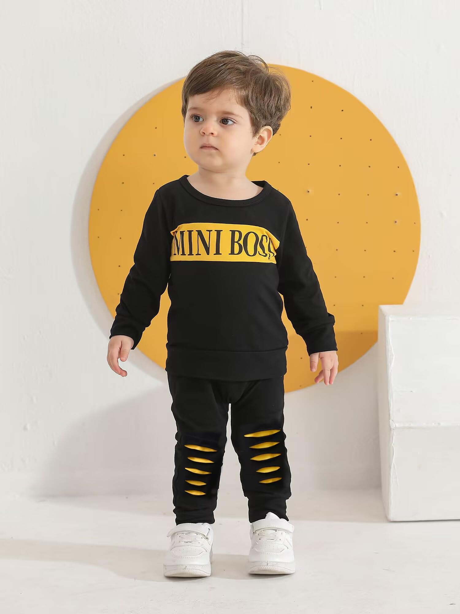 Limuvany Toddler Infant Baby Boy Clothes Long Sleeve Letter Print Sweatshirt Tops + Pants 2 PCS Sweatsuit Outfit (6-9 Months) Black