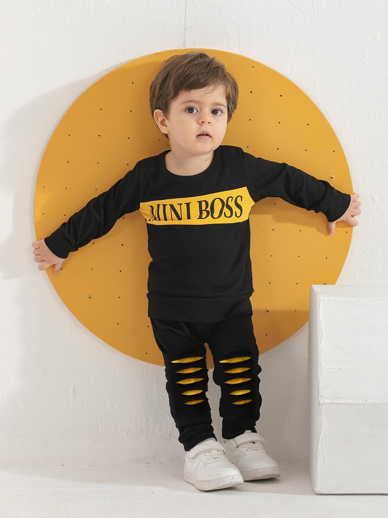Limuvany Toddler Infant Baby Boy Clothes Long Sleeve Letter Print Sweatshirt Tops + Pants 2 PCS Sweatsuit Outfit (6-9 Months) Black