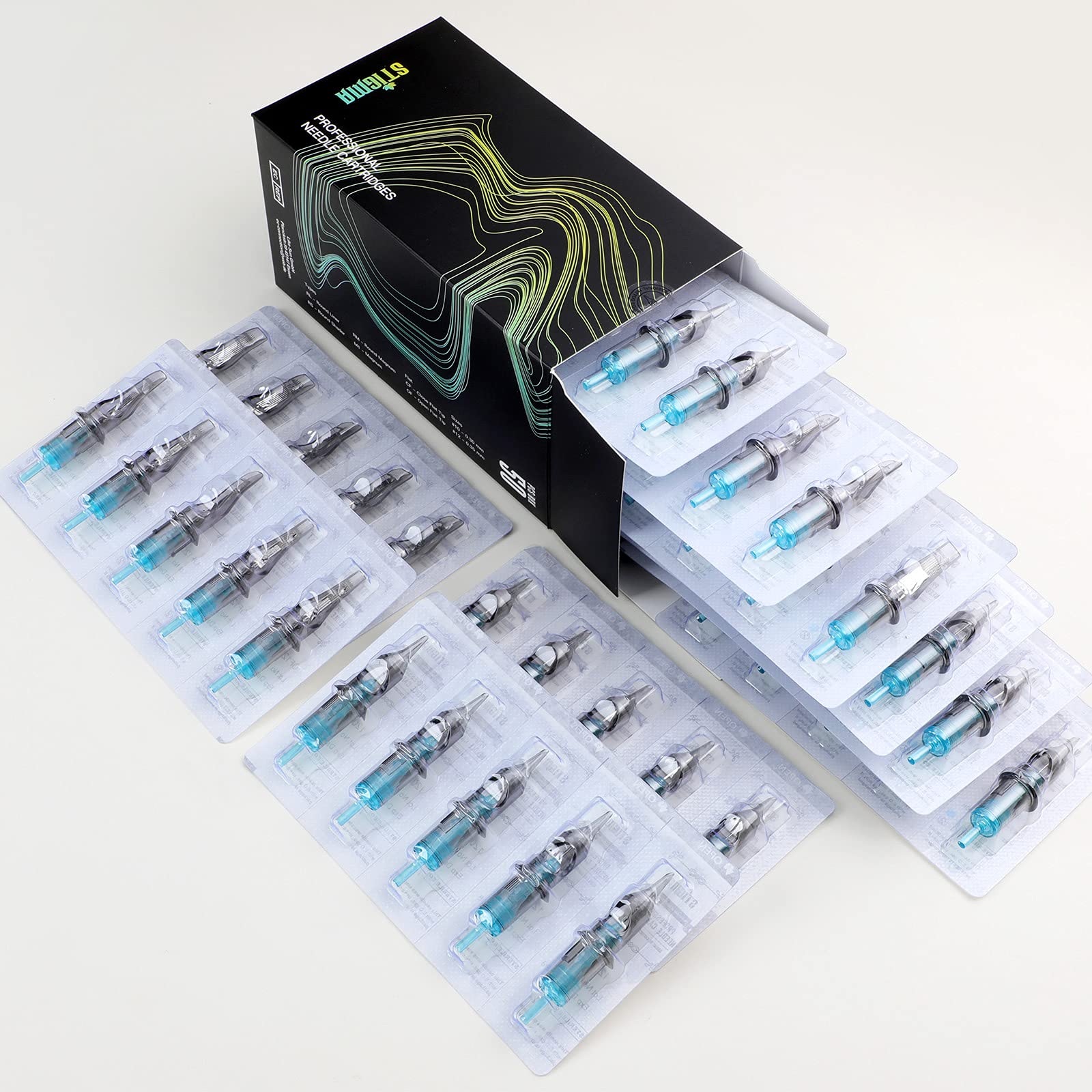 STIGMA Aquamarine Knight Tattoo Cartridge Needles 50pcs Assorted Sizes 0.35mm RL+RM (1203RL 1205RL 1207RL 1209RM 1215RM) Round Liner/Round Magnum EN02B-50KIT-X