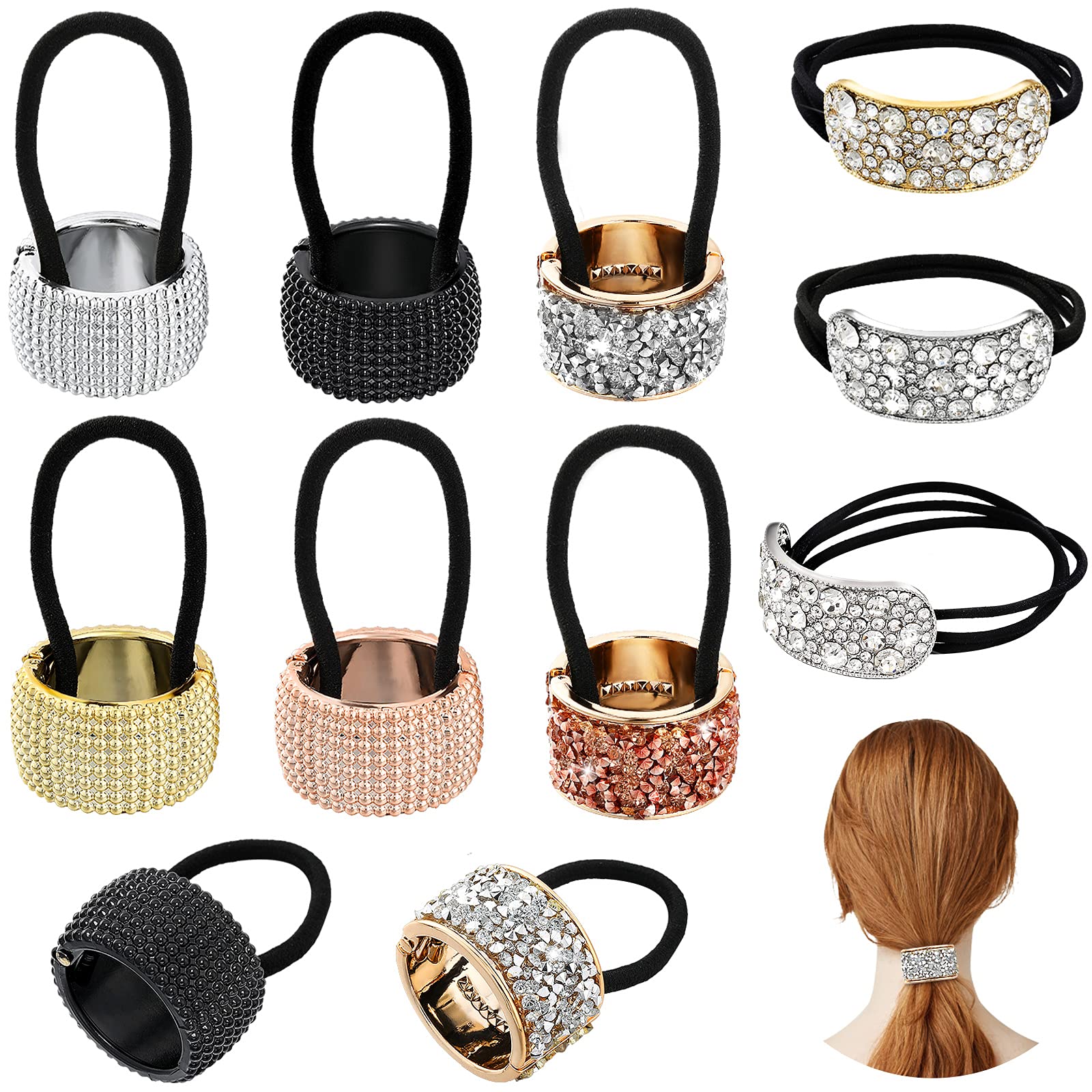 Canlierr 8 Pieces Rhinestone Hair Ponytail Holder Plastic Metal Gothic Punk Elastic Hair Tie Band Cuffs Glitter Ponytail Holders Accessories for Women Girls, Mixed Colors