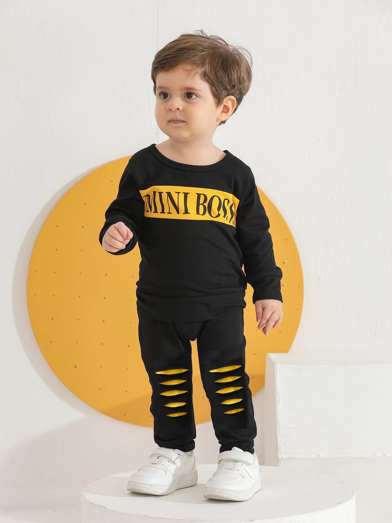 Limuvany Toddler Infant Baby Boy Clothes Long Sleeve Letter Print Sweatshirt Tops + Pants 2 PCS Sweatsuit Outfit (6-9 Months) Black