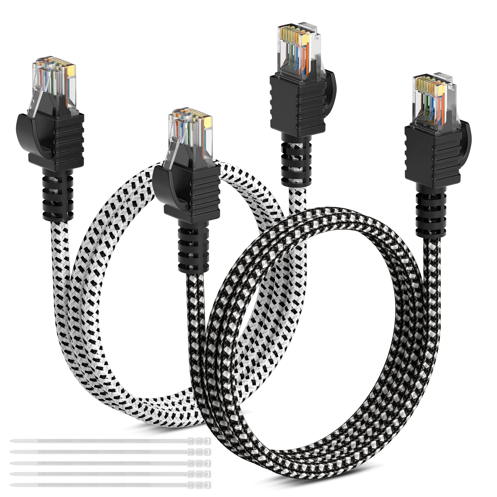 Elecan Cat 6 Ethernet Cable 2 Feet/2 Pack, UL Listed Patch Cord(from 2-300ft) Pure Copper, 10Gbps 500MHz, Nylon Braided Cat6 Cat5e Cat5 RJ45 Network Internet Cable +15 Ties-(0.61m)