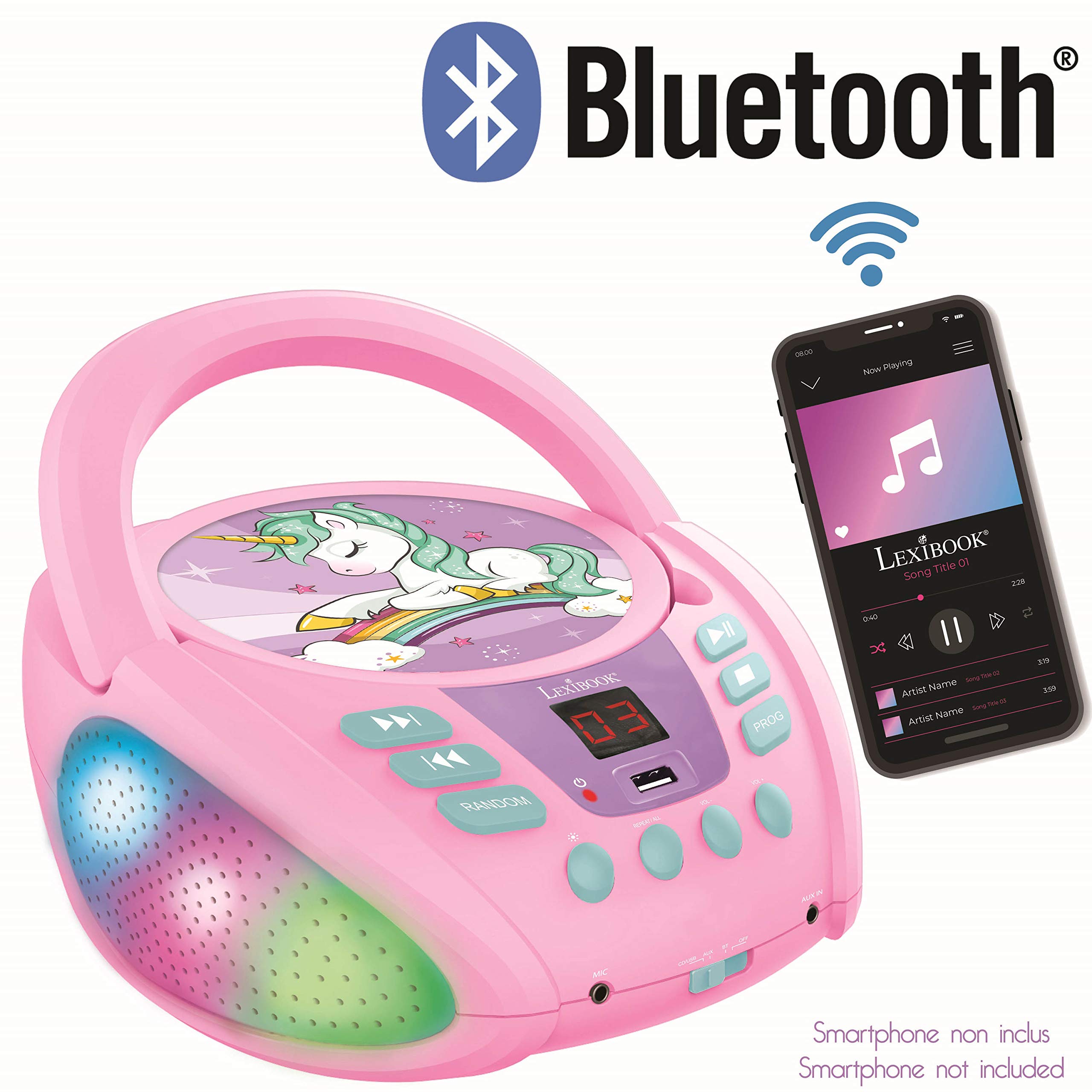 Lexibook Unicorn - Bluetooth CD Player for Kids – Portable, Multicoloured Light Effects, Microphone Jack, Aux-in Jack, AC or Battery-Operated, Girls, Boys, Pink, RCD109UNI