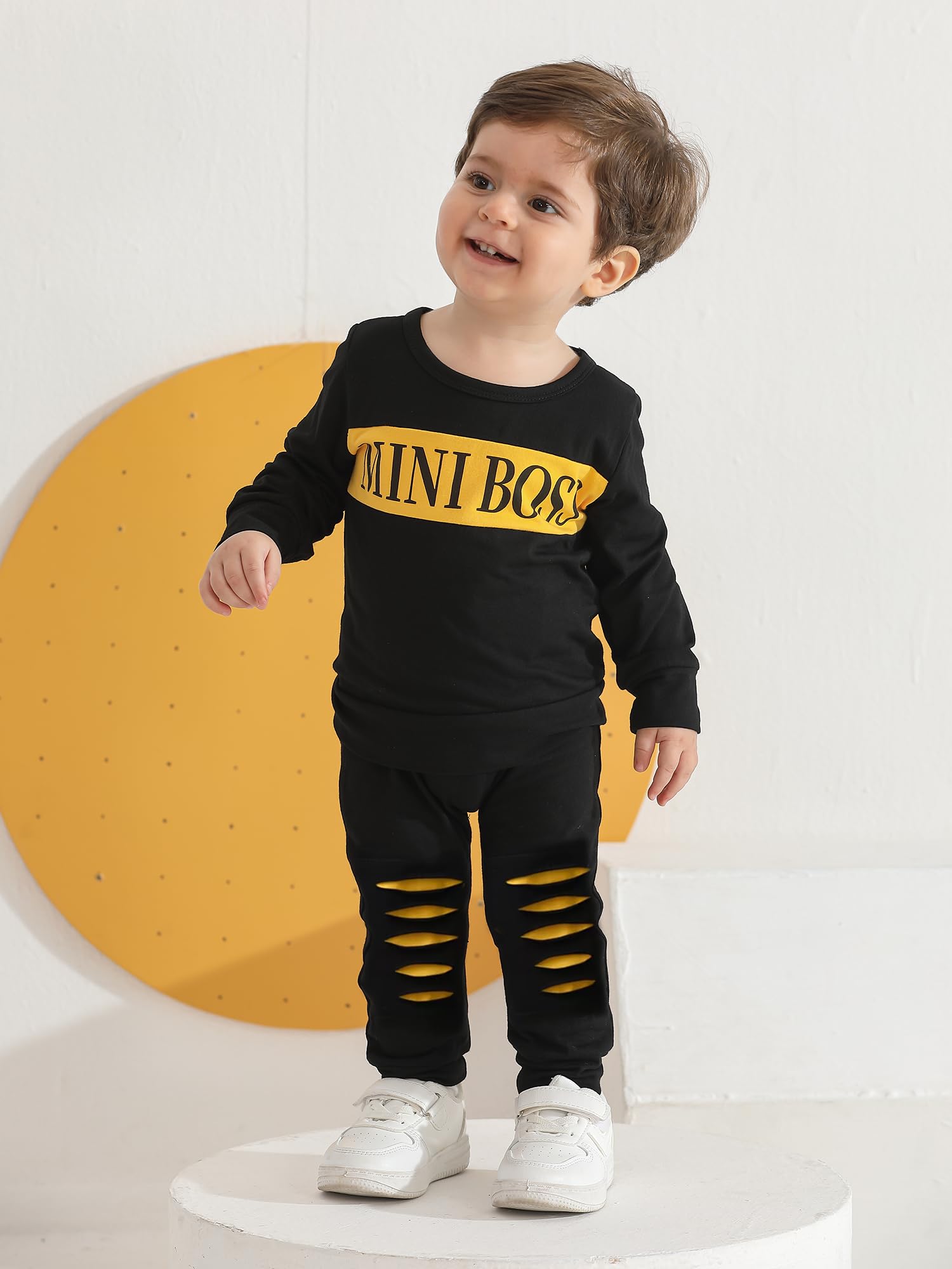 Limuvany Toddler Infant Baby Boy Clothes Long Sleeve Letter Print Sweatshirt Tops + Pants 2 PCS Sweatsuit Outfit (6-9 Months) Black