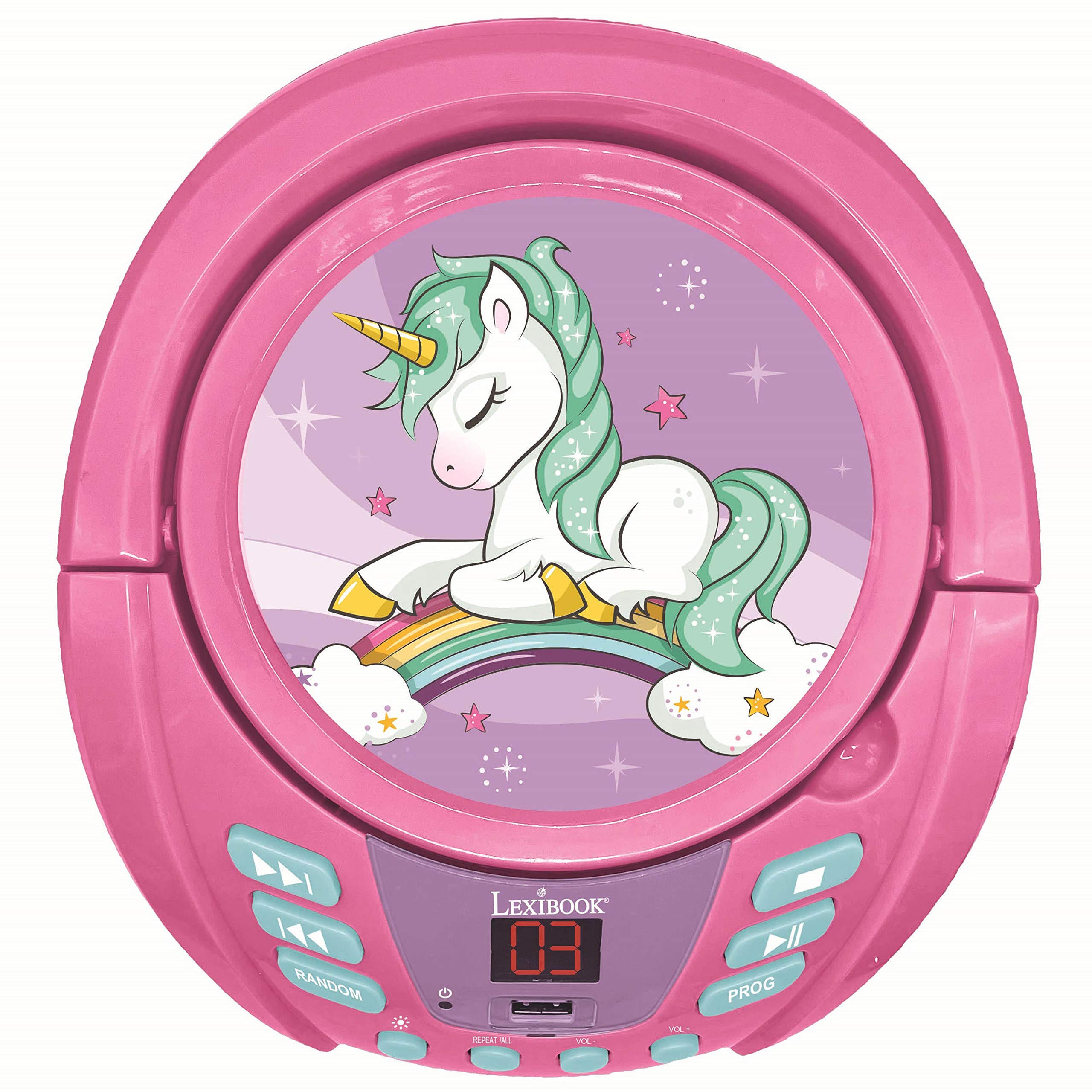 Lexibook Unicorn - Bluetooth CD Player for Kids – Portable, Multicoloured Light Effects, Microphone Jack, Aux-in Jack, AC or Battery-Operated, Girls, Boys, Pink, RCD109UNI