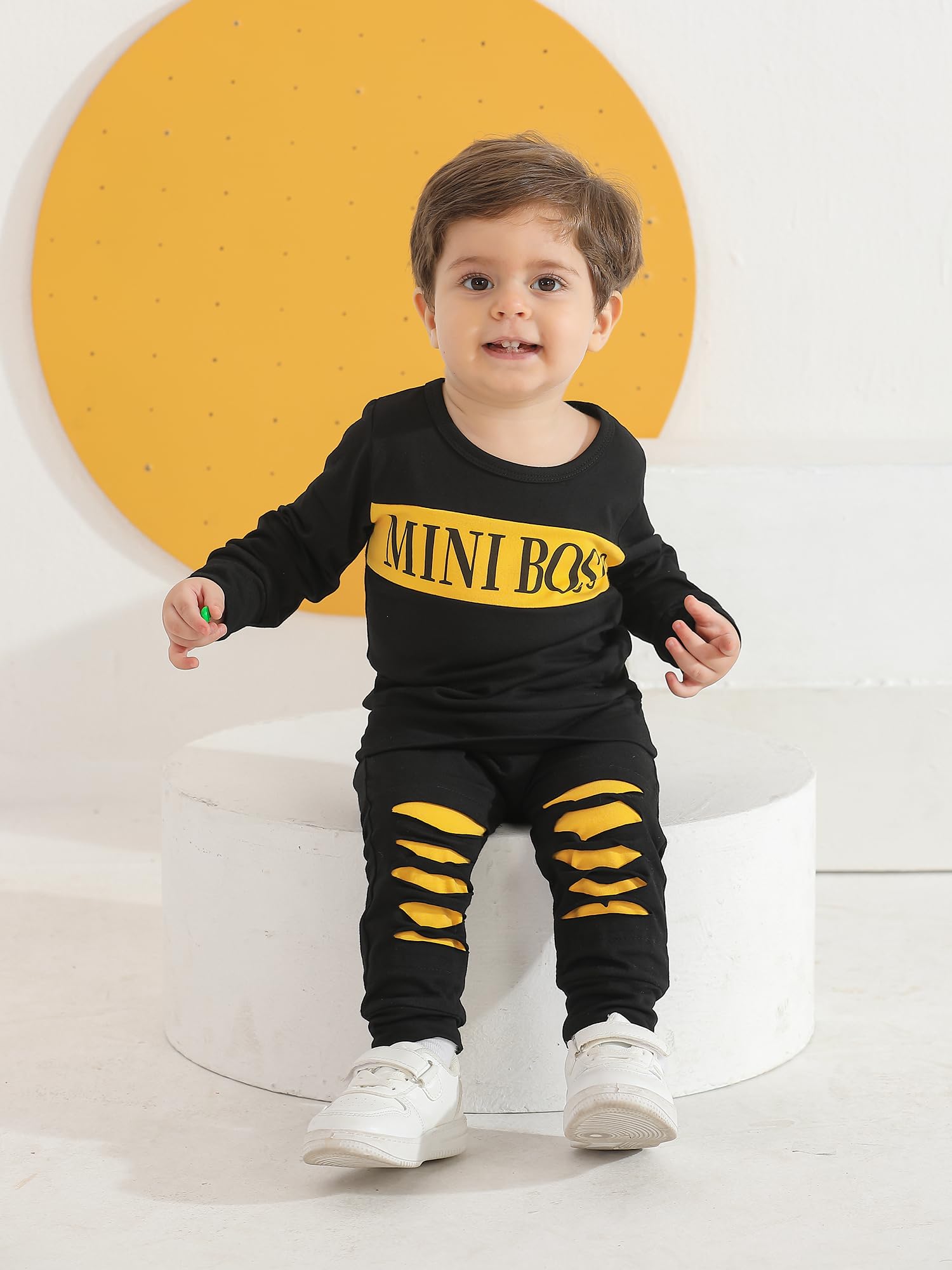 Limuvany Toddler Infant Baby Boy Clothes Long Sleeve Letter Print Sweatshirt Tops + Pants 2 PCS Sweatsuit Outfit (6-9 Months) Black