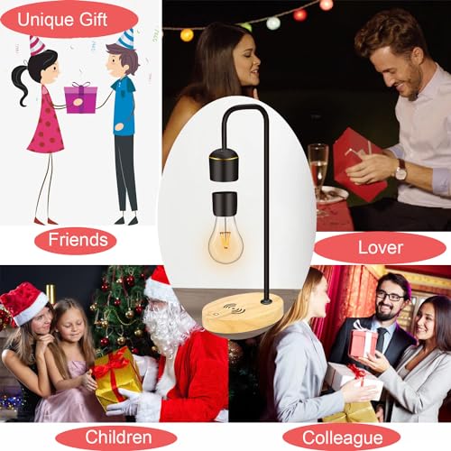 Floatidea Magnetic Levitating Light Bulb Levitation Real Wood Black Floating Desk Lamp LED Night Lights with Luxury Wireless Charging Pad (Apple/Android) for Christmas Gift