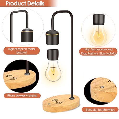 Floatidea Magnetic Levitating Light Bulb Levitation Real Wood Black Floating Desk Lamp LED Night Lights with Luxury Wireless Charging Pad (Apple/Android) for Christmas Gift