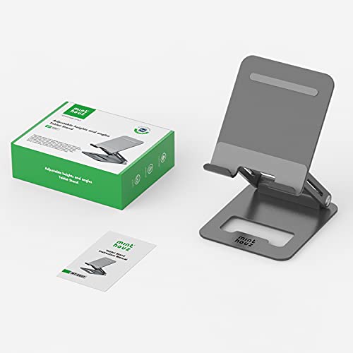 Minthouz Tablet Stand, Adjustable & Foldable Tablet Holder, Compact Aluminum Phone Stand with Anti-Slip Pads, Compatible with All 4.7-12.9 inches Mobile Phones/E-Readers/Tablets/Ultrabooks - Gray
