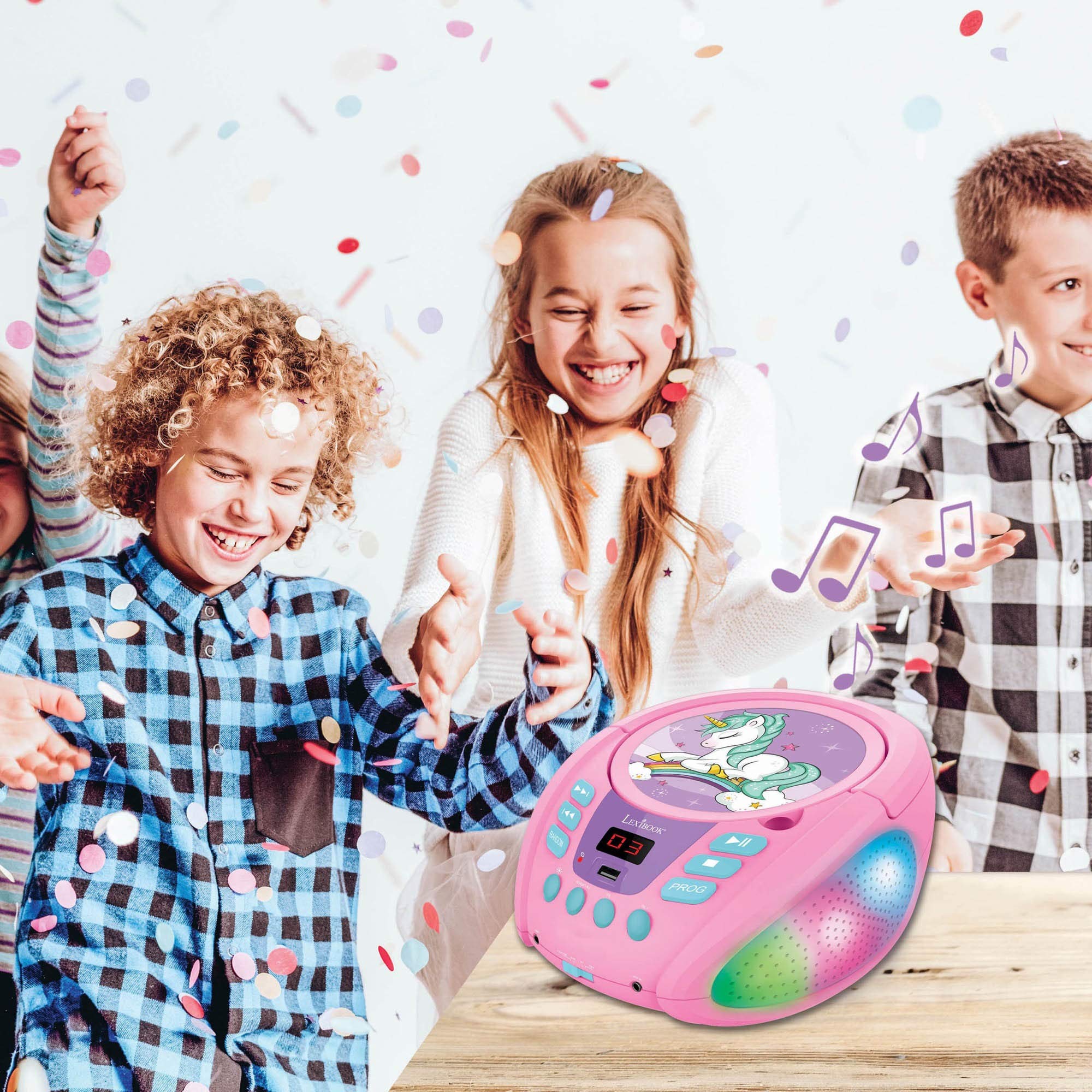 Lexibook Unicorn - Bluetooth CD Player for Kids – Portable, Multicoloured Light Effects, Microphone Jack, Aux-in Jack, AC or Battery-Operated, Girls, Boys, Pink, RCD109UNI