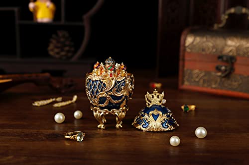 FASALINO Faberge Egg Jewelry Trinket Box Classic Hand-Painted Ornaments Metal Craft Gift for Home Decor (Blue)