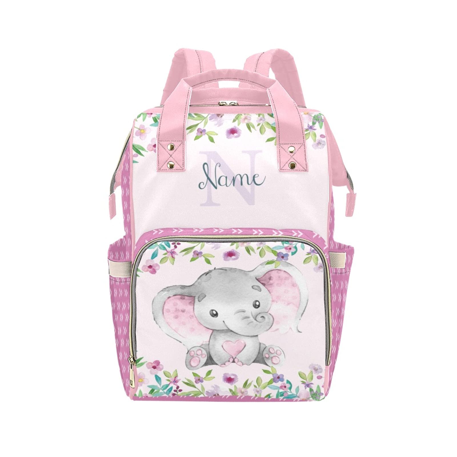 bliblisa Personalized Elephant Floral Pink Diaper Bag Backpack Tote with Name,customized Travel Nappy Mommy Bag Backpack