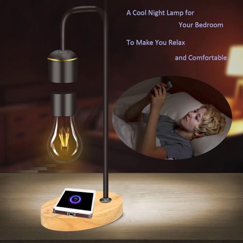 Floatidea Magnetic Levitating Light Bulb Levitation Real Wood Black Floating Desk Lamp LED Night Lights with Luxury Wireless Charging Pad (Apple/Android) for Christmas Gift