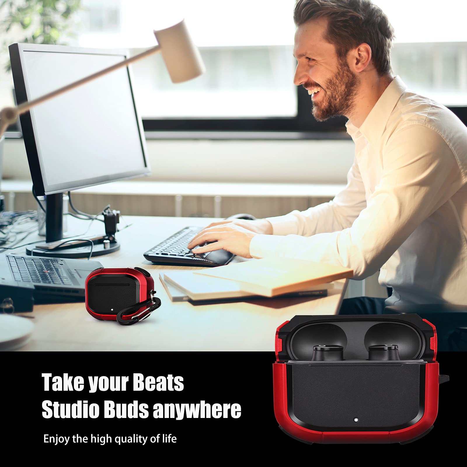 Upgraded Case for New Beats Studio Buds 2021, Filoto Rugged Beats Studio Buds Hard Shell Protective Case Cover Earbuds Headphone Accessories with Keychain for Men Women (Black/Red)