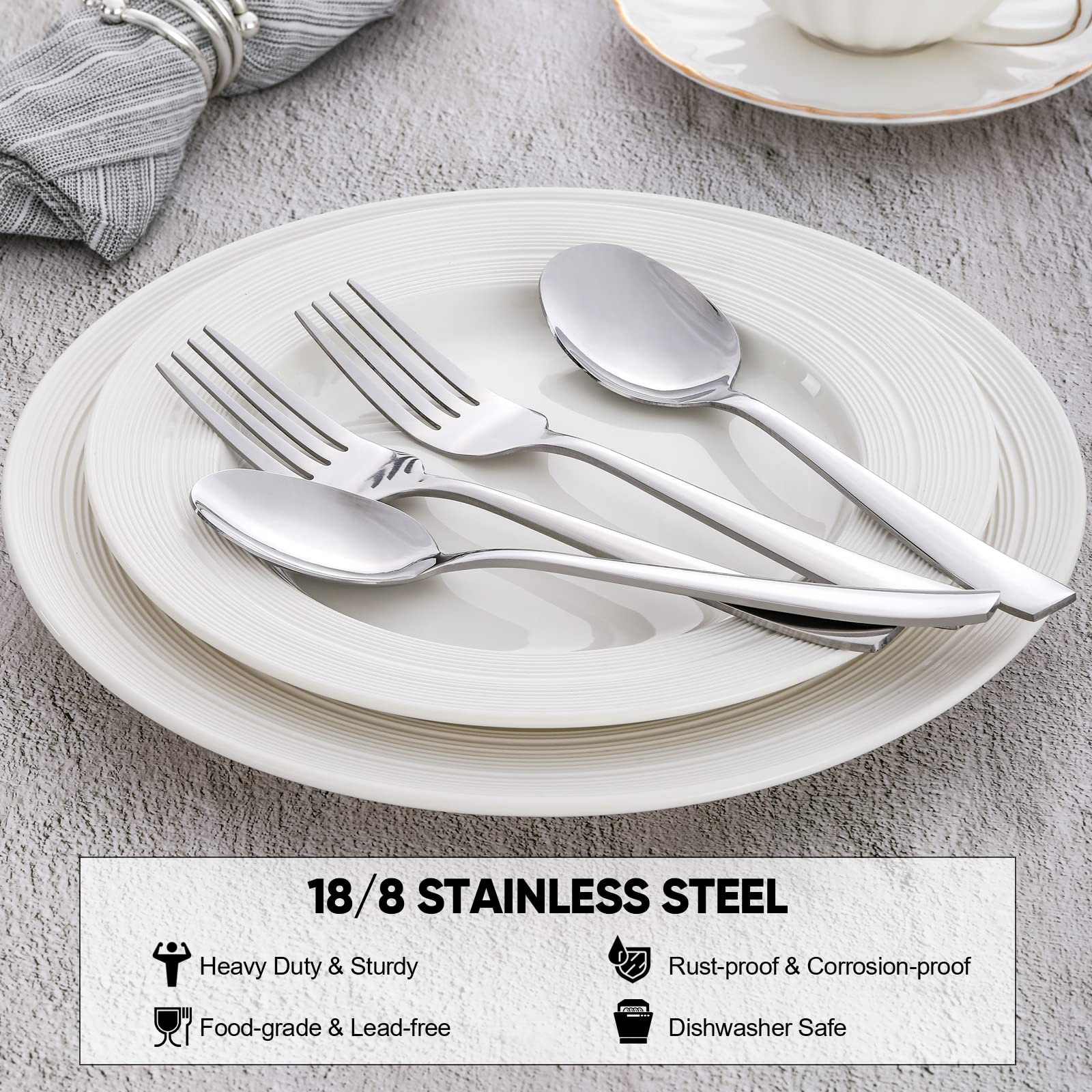 NETANY 16-Piece Forks and Spoons Silverware Set, 8 Dinner Forks and 8 Dinner Spoons, 18/8 Stainless Steel Flatware Cutlery Set, Mirror Polished, Dishwasher Safe