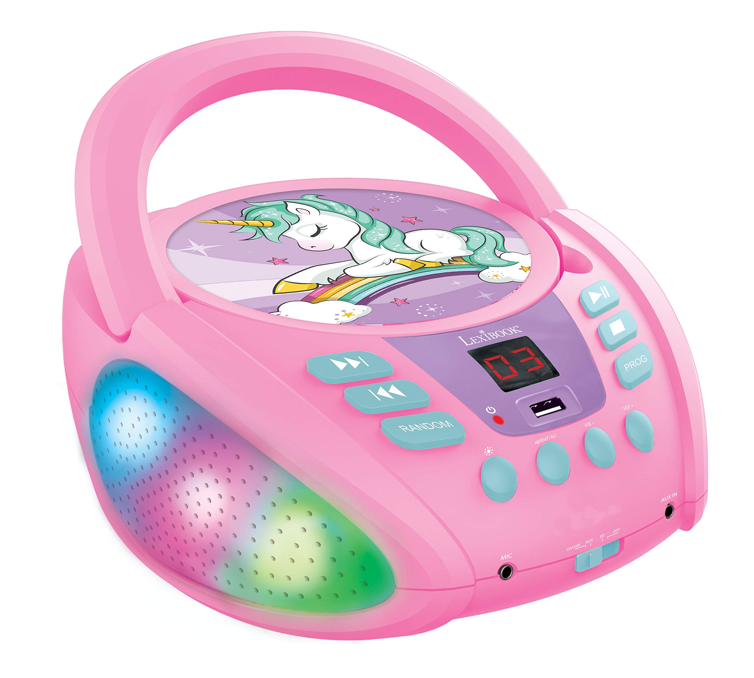 Lexibook Unicorn - Bluetooth CD Player for Kids – Portable, Multicoloured Light Effects, Microphone Jack, Aux-in Jack, AC or Battery-Operated, Girls, Boys, Pink, RCD109UNI