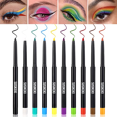 SUSIKEKI 10pcs Colored Gel Eyeliner Pencil Set With Sharpeners Waterproof Long Lasting Eye Liners For Women Retractable Eye Makeup Pen White Black Brown Rainbow Neon Matte Eyeliners Gift Sets