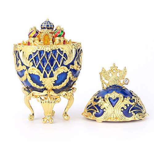 FASALINO Faberge Egg Jewelry Trinket Box Classic Hand-Painted Ornaments Metal Craft Gift for Home Decor (Blue)
