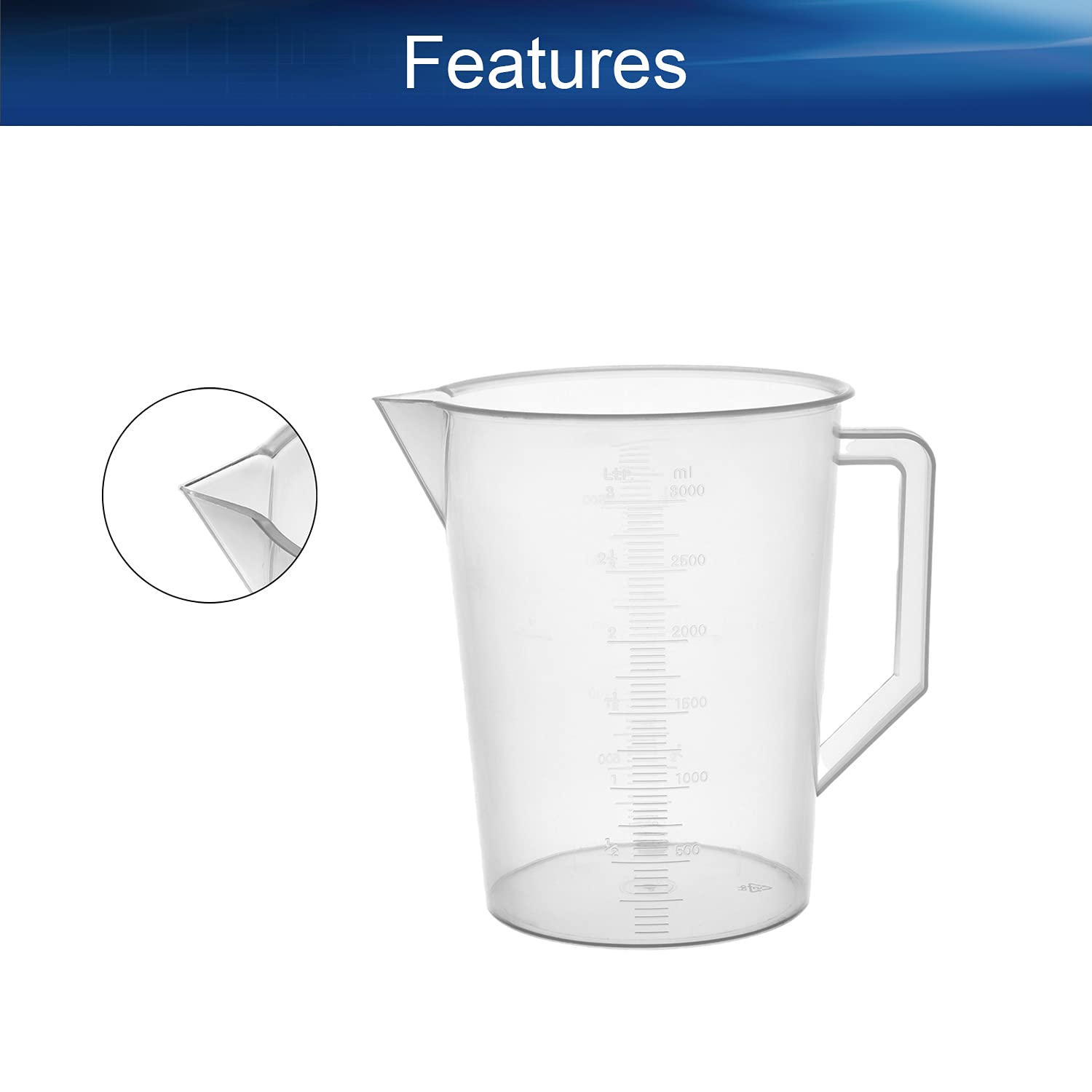 Heyiarbeit Measuring Cup 3000ml PP Plastic Graduated Beaker Transparent for Lab Kitchen Liquids 1pcs