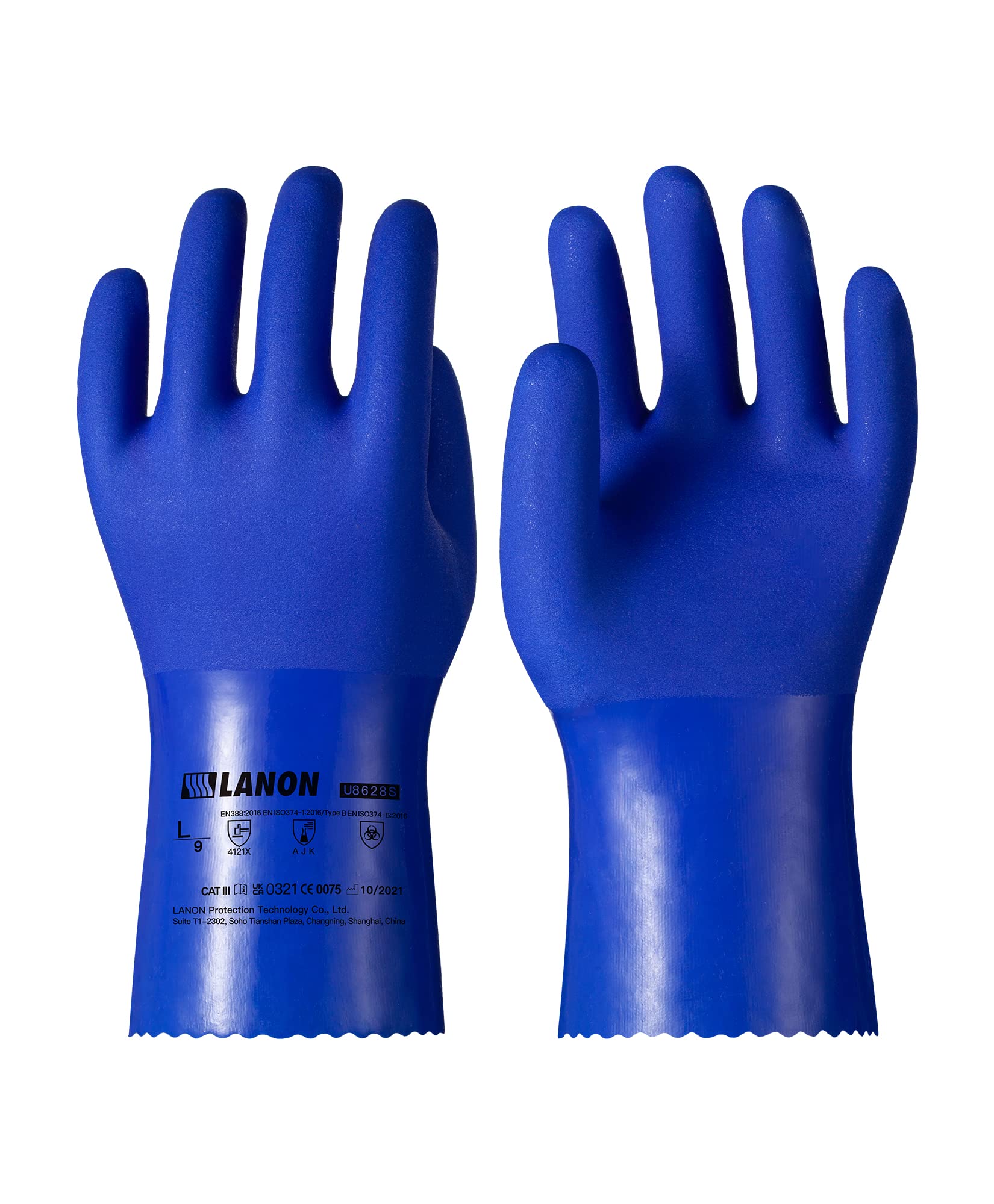 LANON PVC Chemical Resistant Gloves, Heavy-Duty Rubber Gloves, Acid, Alkali and Oil Protection, Non-Slip, Blue, XL