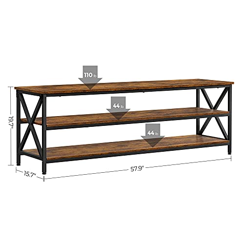 VASAGLE TV Stand for up to 65 Televisions, Media Console with Shelves, 3-Tier Storage, and X-Shape Steel Frame, 57.9 x 15.7 x 19.7 Inches, Rustic Brown