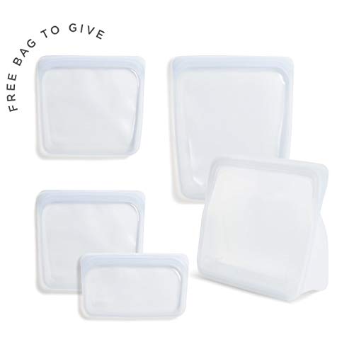 Stasher Platinum Silicone Food Grade Reusable Storage Bag, Clear (Bundle 4-Pack Large + Bag to Give) | Reduce Single-Use Plastic | Cook, Store, Sous Vide, or Freeze | Leakproof, Dishwasher-Safe, Eco-friendly