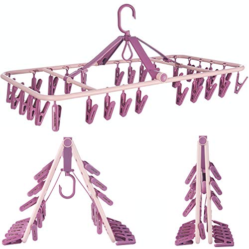 Foldable Clip Hangers with 32 Clothespin Drying Clips Underwear Hanger with Clips Plastic Laundry Clip Drip Drying Hanger for Socks Bras Lingerie Clothes Sturdy (Pink)