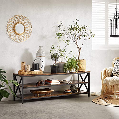 VASAGLE TV Stand for up to 65 Televisions, Media Console with Shelves, 3-Tier Storage, and X-Shape Steel Frame, 57.9 x 15.7 x 19.7 Inches, Rustic Brown