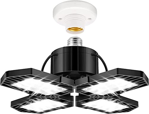1LED Garage Lights 2 Pack/60W/6500k/4 Panels, Porcelain Base, 4 Adjustable Panels, 12000LM High Lumen Output Super Bright LED Bulb, E26/E27 Compatible
