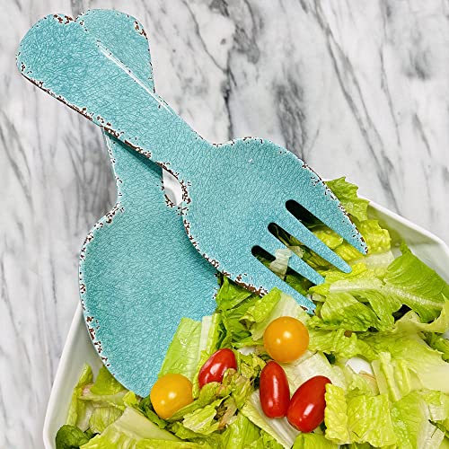 UPware 2-Piece 10.75 Inch Melamine Salad Server Serving Utensil Set Includes Salad Spoon and Salad Fork (Crackle, Turquoise)