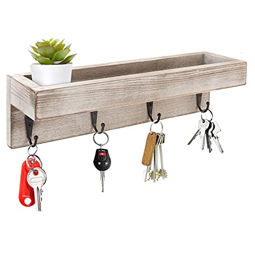 Flyisland Vintage Rustic Wood Wall Mounted Entryway Shelf with 4 Antique Metal Hooks (4 Hooks, Black)