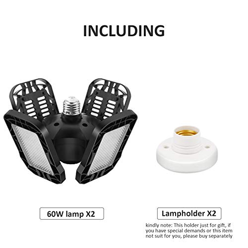 1LED Garage Lights 2 Pack/60W/6500k/4 Panels, Porcelain Base, 4 Adjustable Panels, 12000LM High Lumen Output Super Bright LED Bulb, E26/E27 Compatible