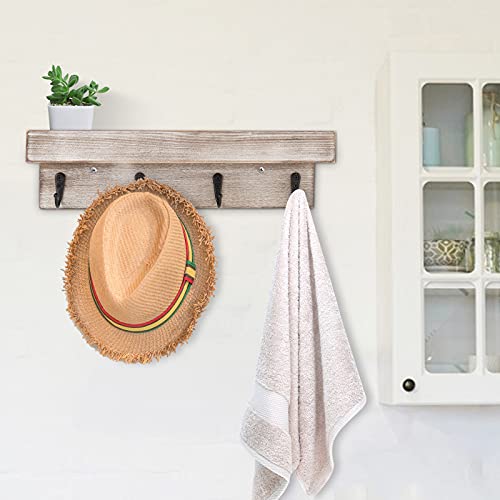Flyisland Vintage Rustic Wood Wall Mounted Entryway Shelf with 4 Antique Metal Hooks (4 Hooks, Black)