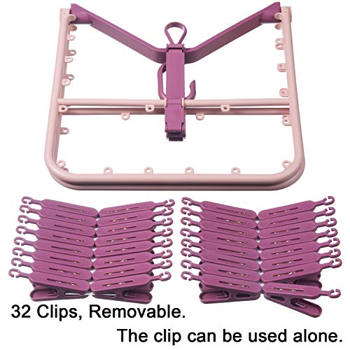 Foldable Clip Hangers with 32 Clothespin Drying Clips Underwear Hanger with Clips Plastic Laundry Clip Drip Drying Hanger for Socks Bras Lingerie Clothes Sturdy (Pink)