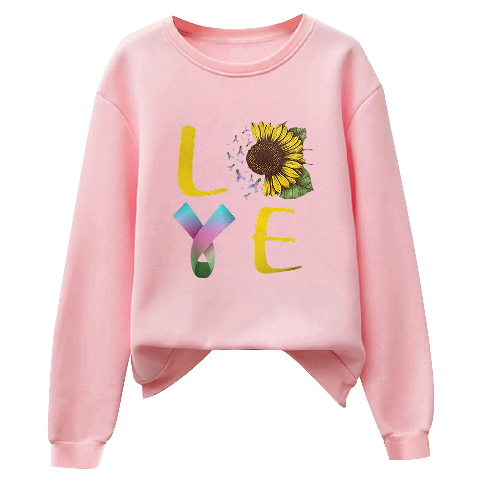Casual Tops for Women Cute Printed Round Neck Long Sleeve Pullover Plus Size Loose Fit Autumn Outwear Sweatshirt Blouse Pink