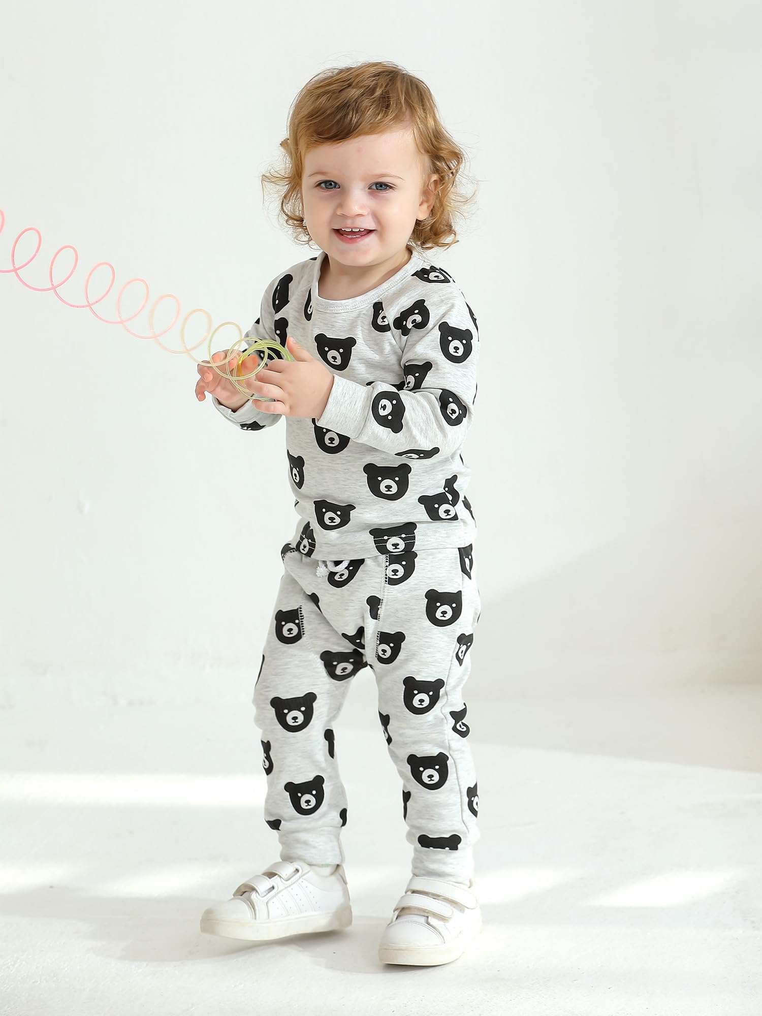 Toddler Baby Boy Clothes Infant Long Sleeve Bear Print Tops + Pants Sweatsuit Outfits (6-9 Months) Grey