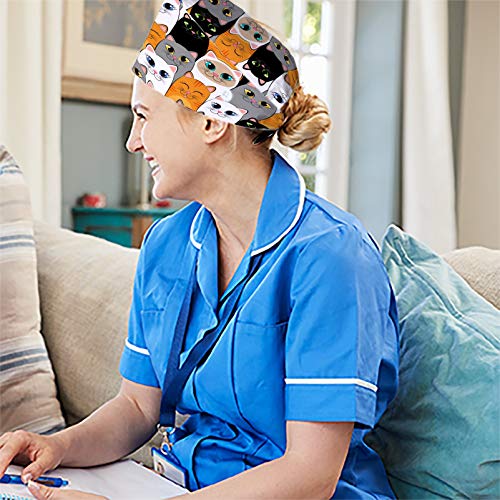 Women Working Cap with Button Sweatband, Cat Faces, Adjustable Work Hat, Head Skull Hats Cap