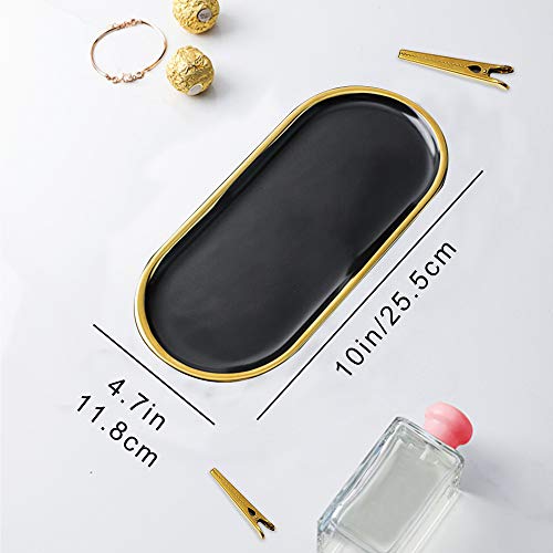 Ceramic Tray Marble Style, Roucerlin Golden Edge Jewelry Dish Tray, Dresser Vanity Decorative Tray Dessert Plate Storage Tray Tea Coffee Cake Fruit Tray Cosmetics Ring Organizer (Black)