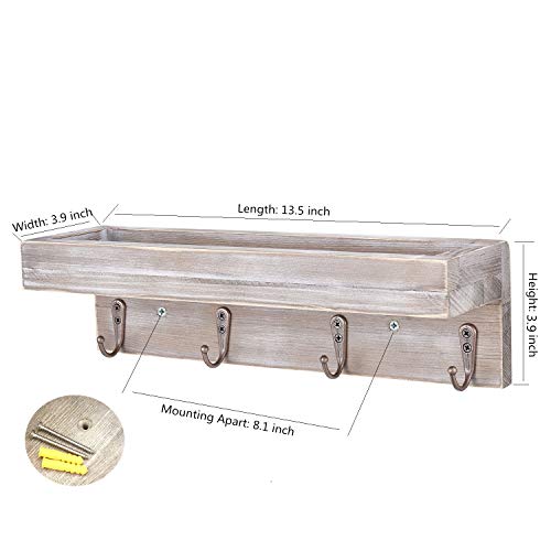 Flyisland Vintage Rustic Wood Wall Mounted Entryway Shelf with 4 Antique Metal Hooks (4 Hooks, Black)