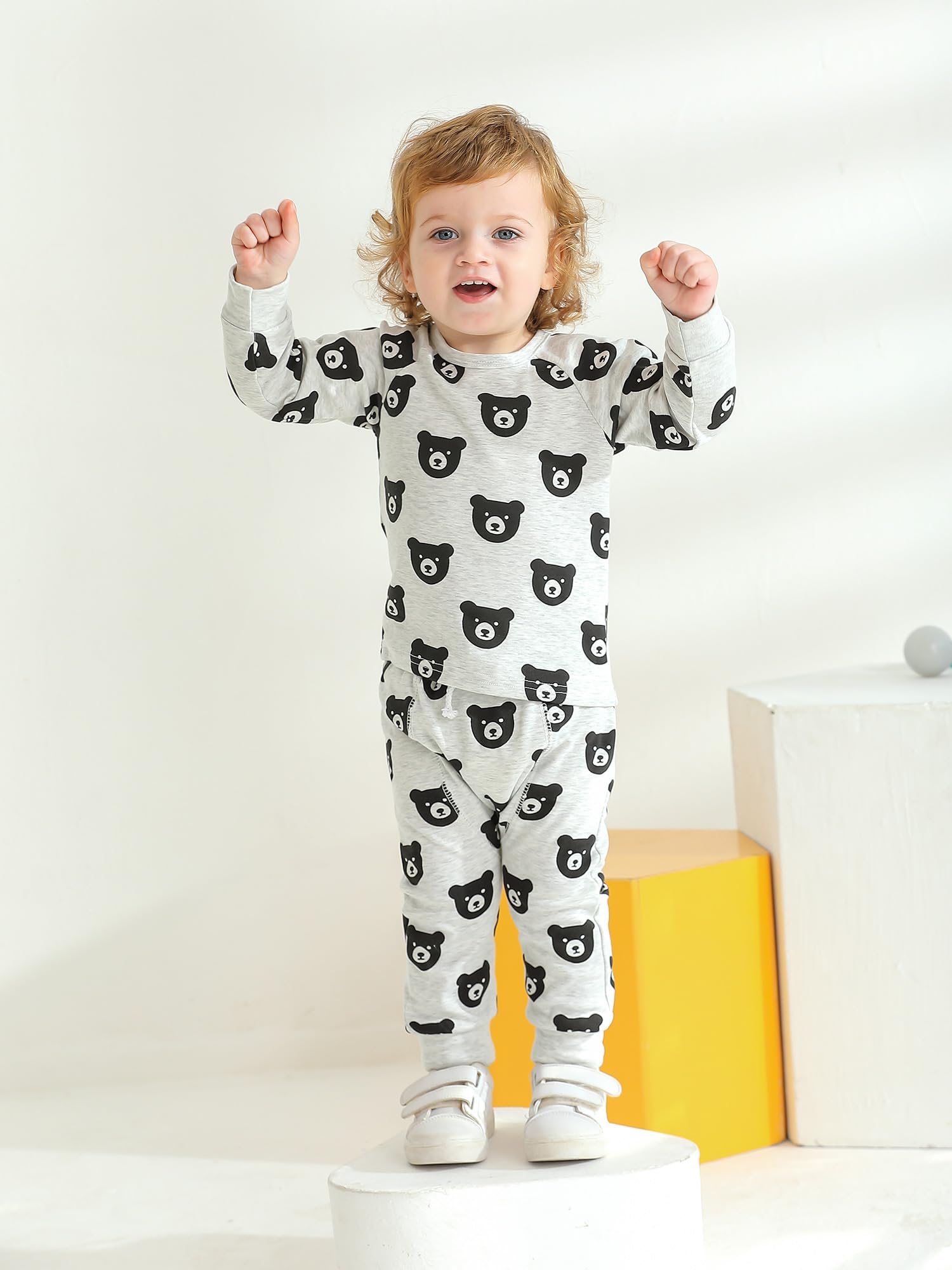 Toddler Baby Boy Clothes Infant Long Sleeve Bear Print Tops + Pants Sweatsuit Outfits (6-9 Months) Grey