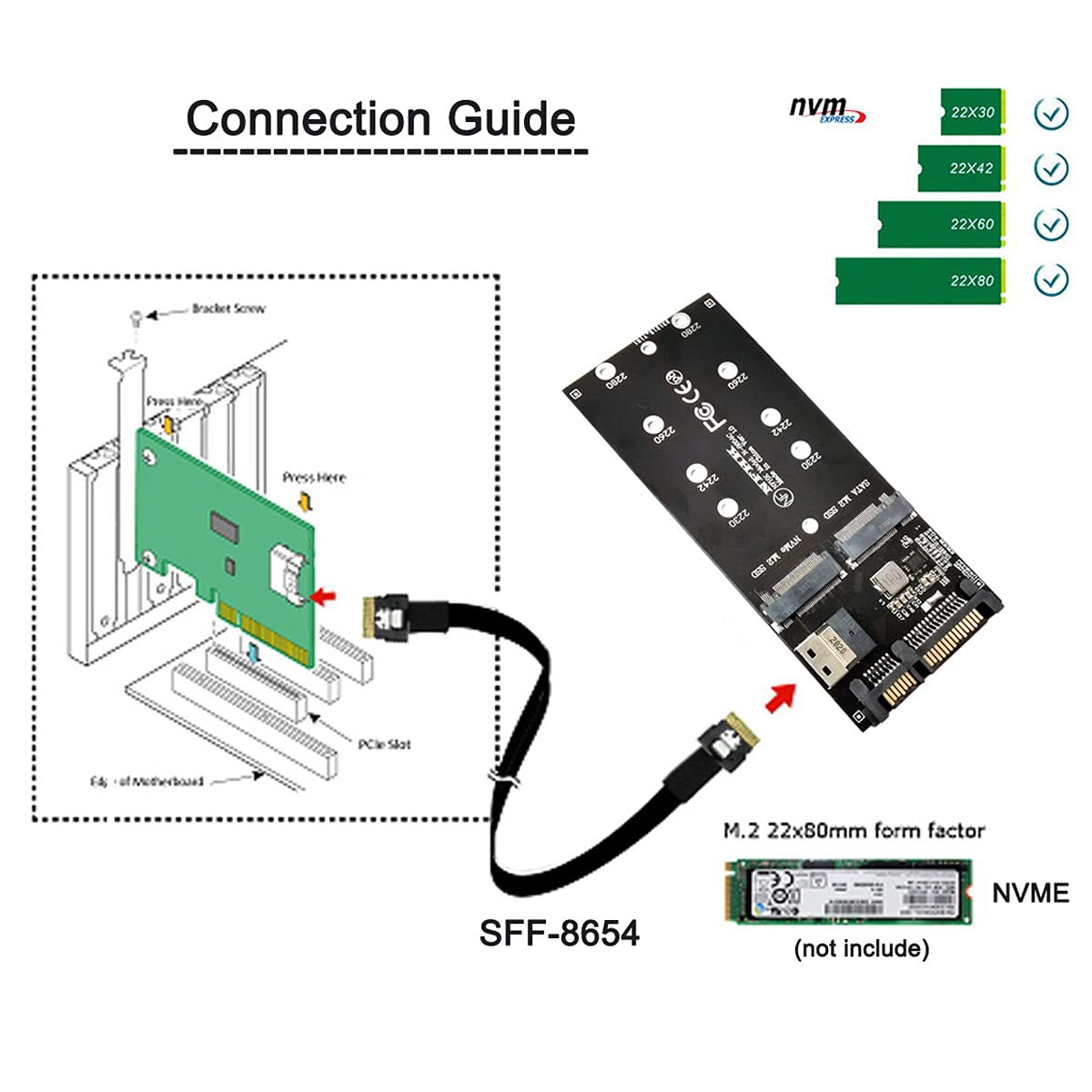 cablecc SFF-8654 to U2 Kit NGFF M-Key to Slimline SAS NVME PCIe SSD SATA Adapter for Mainboard