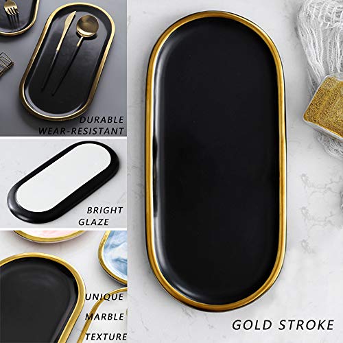 Ceramic Tray Marble Style, Roucerlin Golden Edge Jewelry Dish Tray, Dresser Vanity Decorative Tray Dessert Plate Storage Tray Tea Coffee Cake Fruit Tray Cosmetics Ring Organizer (Black)
