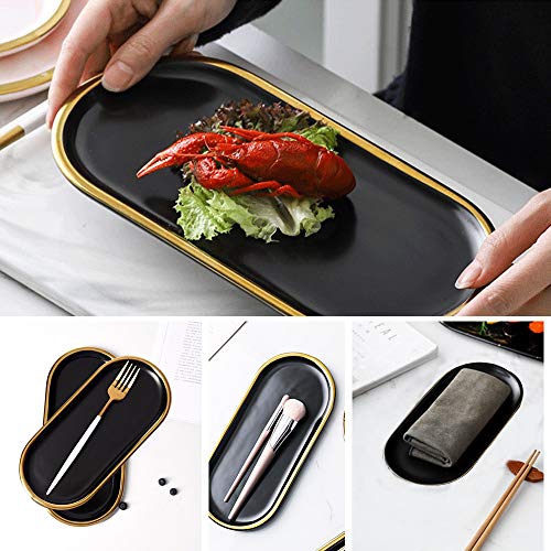 Ceramic Tray Marble Style, Roucerlin Golden Edge Jewelry Dish Tray, Dresser Vanity Decorative Tray Dessert Plate Storage Tray Tea Coffee Cake Fruit Tray Cosmetics Ring Organizer (Black)