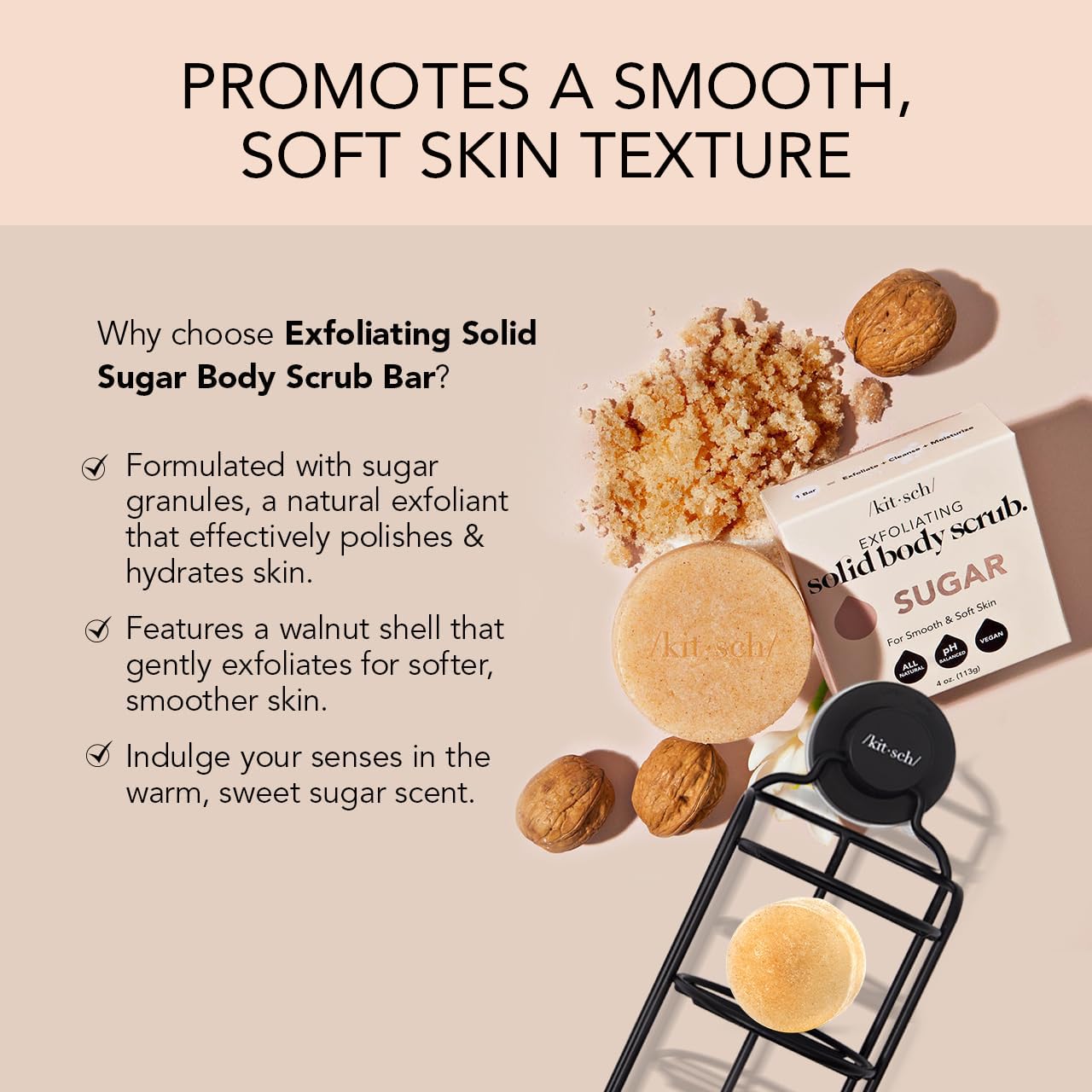 Kitsch Exfoliating Sugar Body Scrub Bar - Soap Bar for Smooth, Hydrated & Glowing Skin | Made in US | Natural Exfoliating Bar Soap for Men & Women with Sugar Scent | Sulfate Free & Paraben Free, 4 oz
