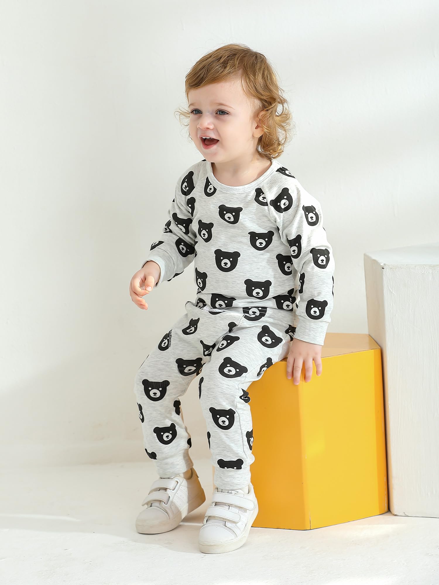 Toddler Baby Boy Clothes Infant Long Sleeve Bear Print Tops + Pants Sweatsuit Outfits (6-9 Months) Grey