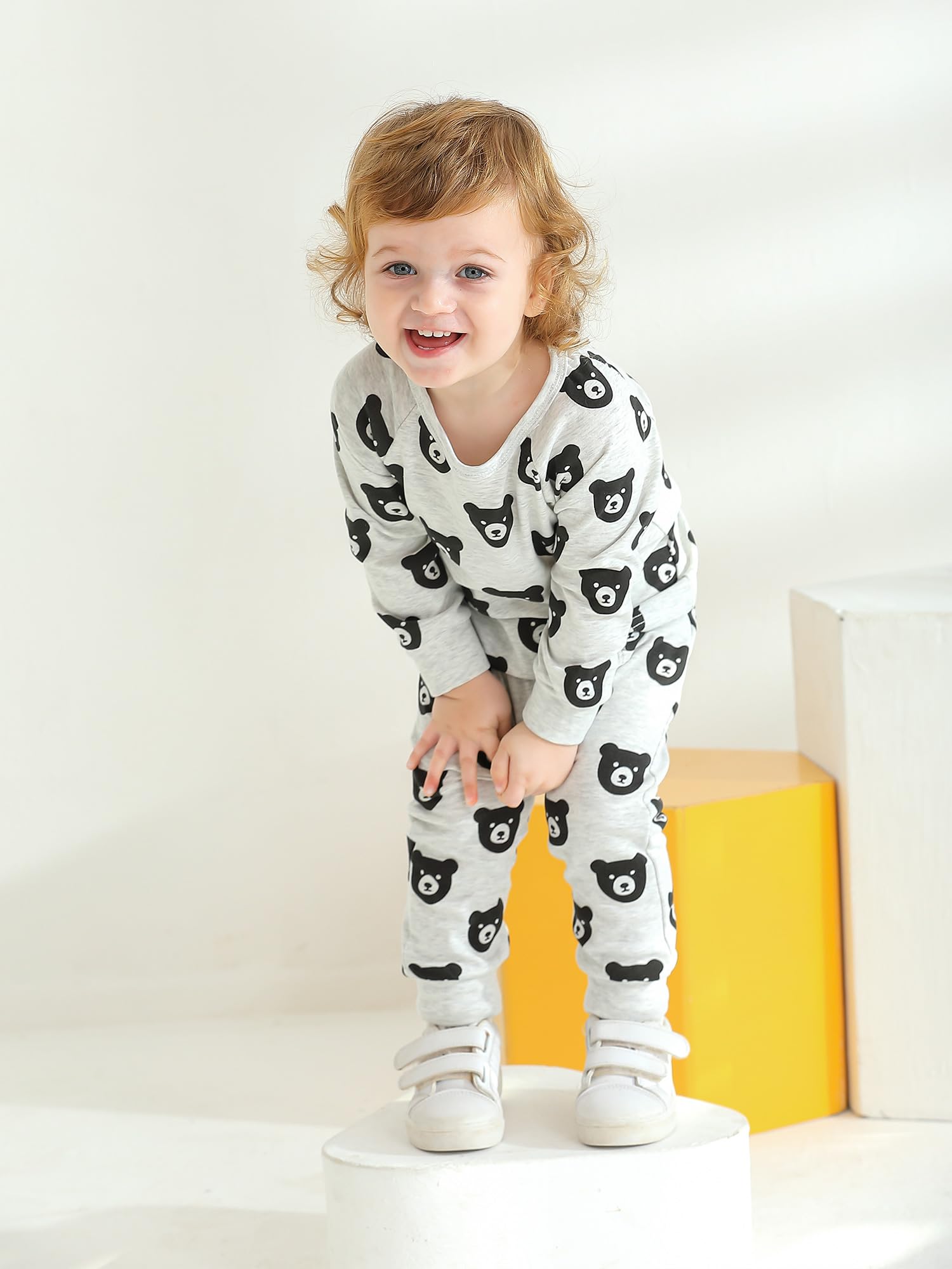 Toddler Baby Boy Clothes Infant Long Sleeve Bear Print Tops + Pants Sweatsuit Outfits (6-9 Months) Grey