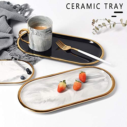 Ceramic Tray Marble Style, Roucerlin Golden Edge Jewelry Dish Tray, Dresser Vanity Decorative Tray Dessert Plate Storage Tray Tea Coffee Cake Fruit Tray Cosmetics Ring Organizer (Black)