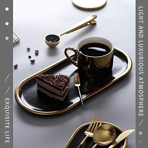 Ceramic Tray Marble Style, Roucerlin Golden Edge Jewelry Dish Tray, Dresser Vanity Decorative Tray Dessert Plate Storage Tray Tea Coffee Cake Fruit Tray Cosmetics Ring Organizer (Black)