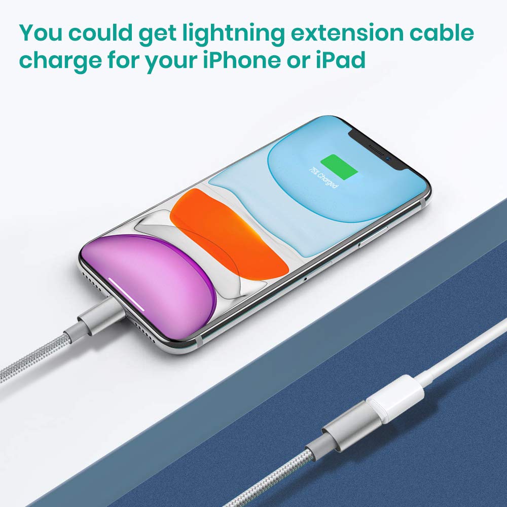 MeloAudio 6.6FT Braid Extension Cord Cable Charging Sync Video & Audio Compatible with iOS Devices (Phone/Pad/Pod), Male to Female Dock Cable Extender Connector Case Adapter (Gray)