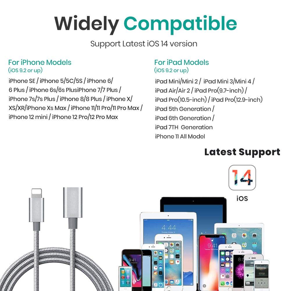 MeloAudio 6.6FT Braid Extension Cord Cable Charging Sync Video & Audio Compatible with iOS Devices (Phone/Pad/Pod), Male to Female Dock Cable Extender Connector Case Adapter (Gray)